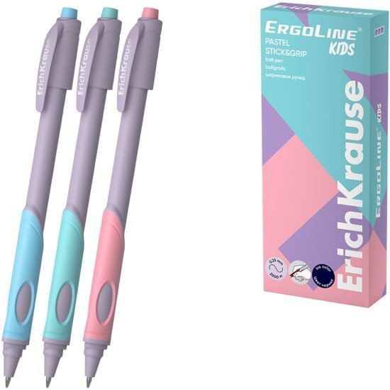 Ручка шариковая Erich Krause "ErgoLine Kids Pastel" с грипом, синяя, корпус ассорти, 0,25 мм, 62037