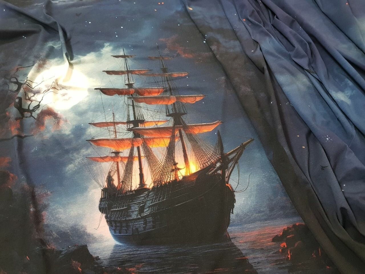 Кулирка с лайкрой купон "Корабль в ночи" ширина 180см, высота 80 (+-2)см пенье