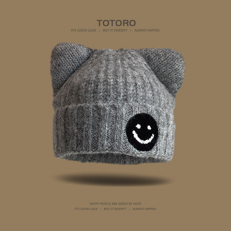 Японская милая вязаная шапка с кошачьими ушками для женщин, однотонная шерстяная шапка 2024, осенне-зимняя теплая и универсальная, приятная для кожи носка