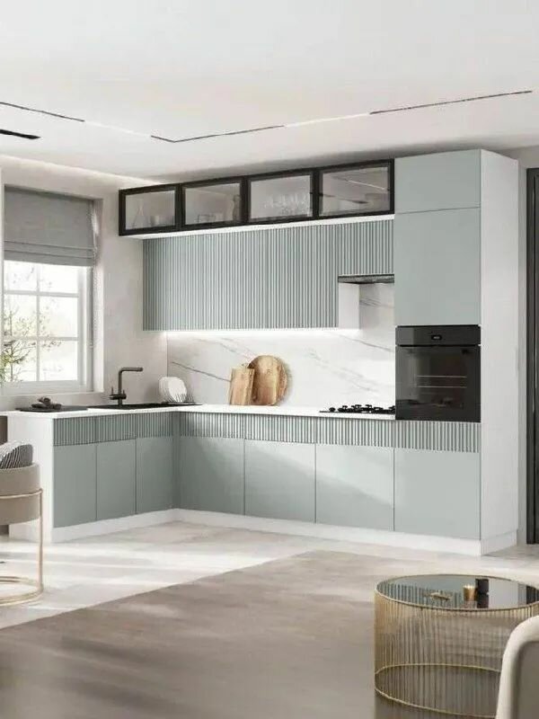 Угловая кухня Оливия МДФ/ЛДСП 3,0х1,8м Белый/Шарли бриз/ст. Антарес 26 мм лев