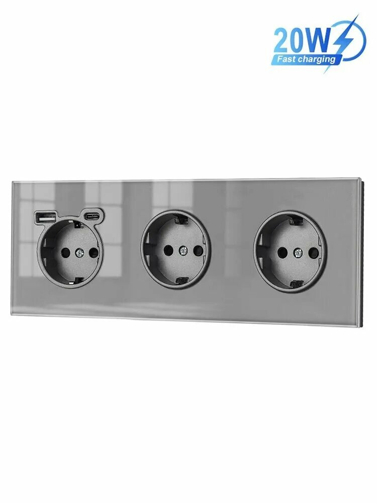 Розетка электрическая 3 поста с Usb и type-c, type-c 20 Вт быстрой зарядки, закаленное стекло, серый
