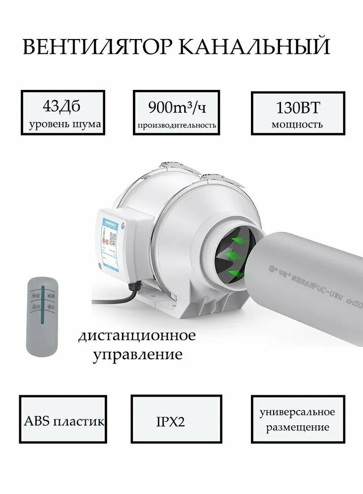 Вентилятор канальный тихий, дистанционное управление, 200mm