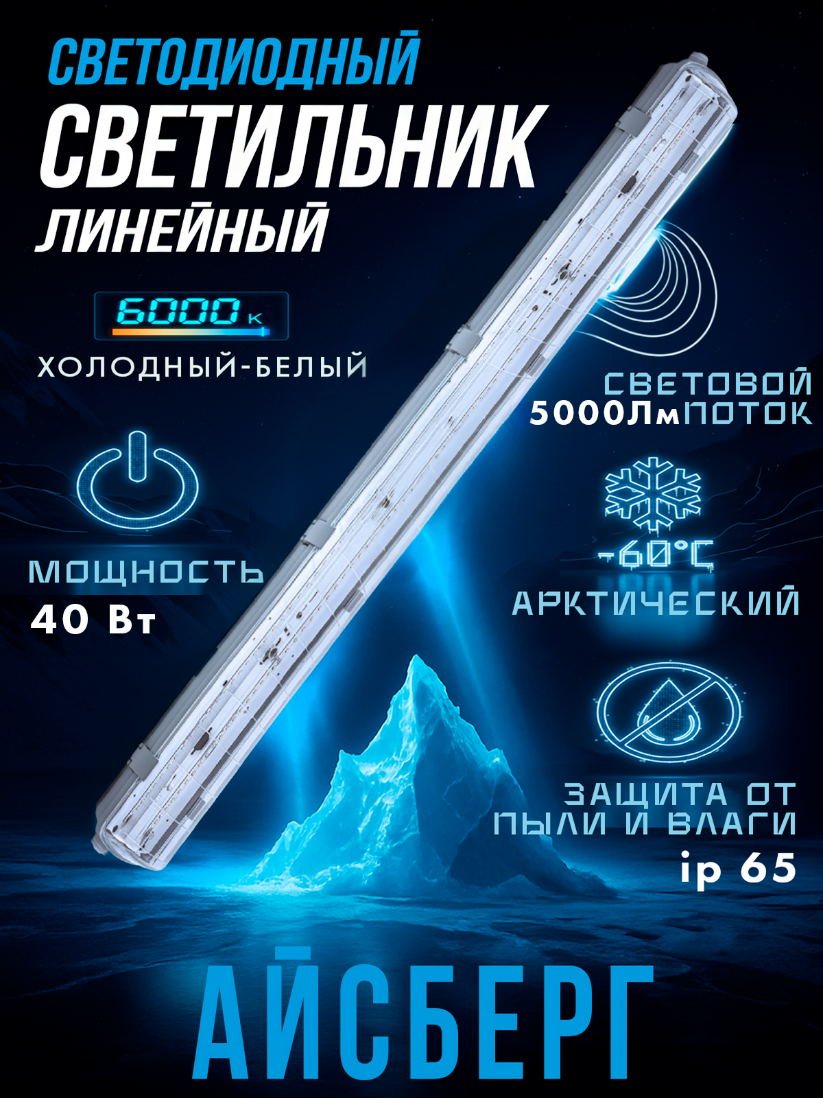 Промышленный светодиодный светильник Aйcбeрг 40Bт, 5000Lm, 6000К, IP65
