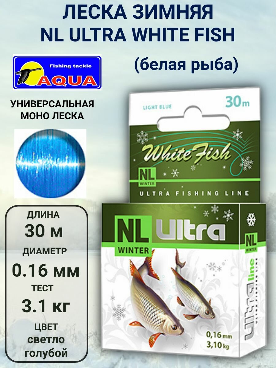 Леска зимняя AQUA NL ULTRA WHITE FISH (Белая рыба) 30m 0,16mm, цвет - светло-голубой