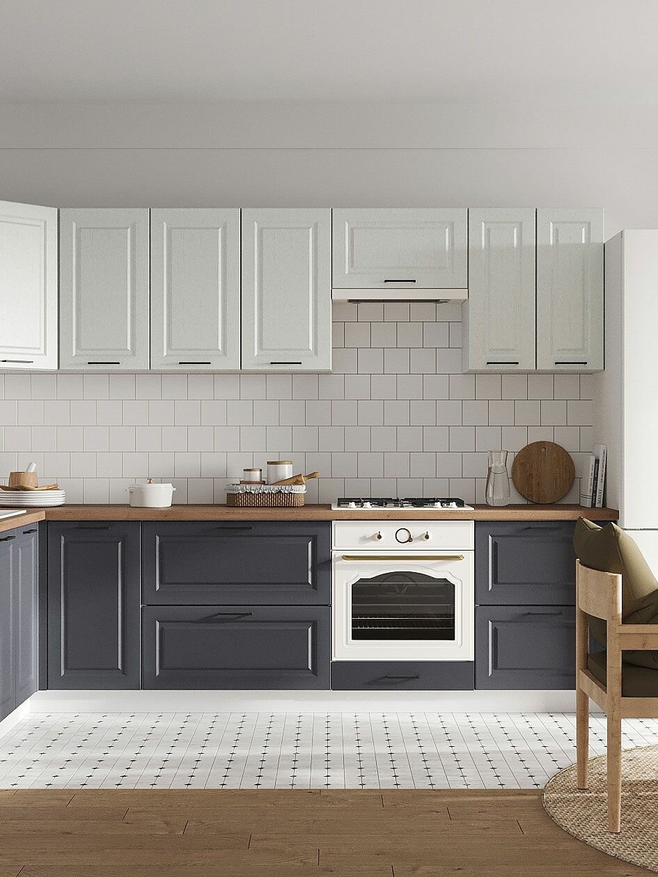 Кухонный гарнитур угловой Шервуд 3х1.8 м, мебель для дома и кухни, Белый / Арктик / Шато индиго