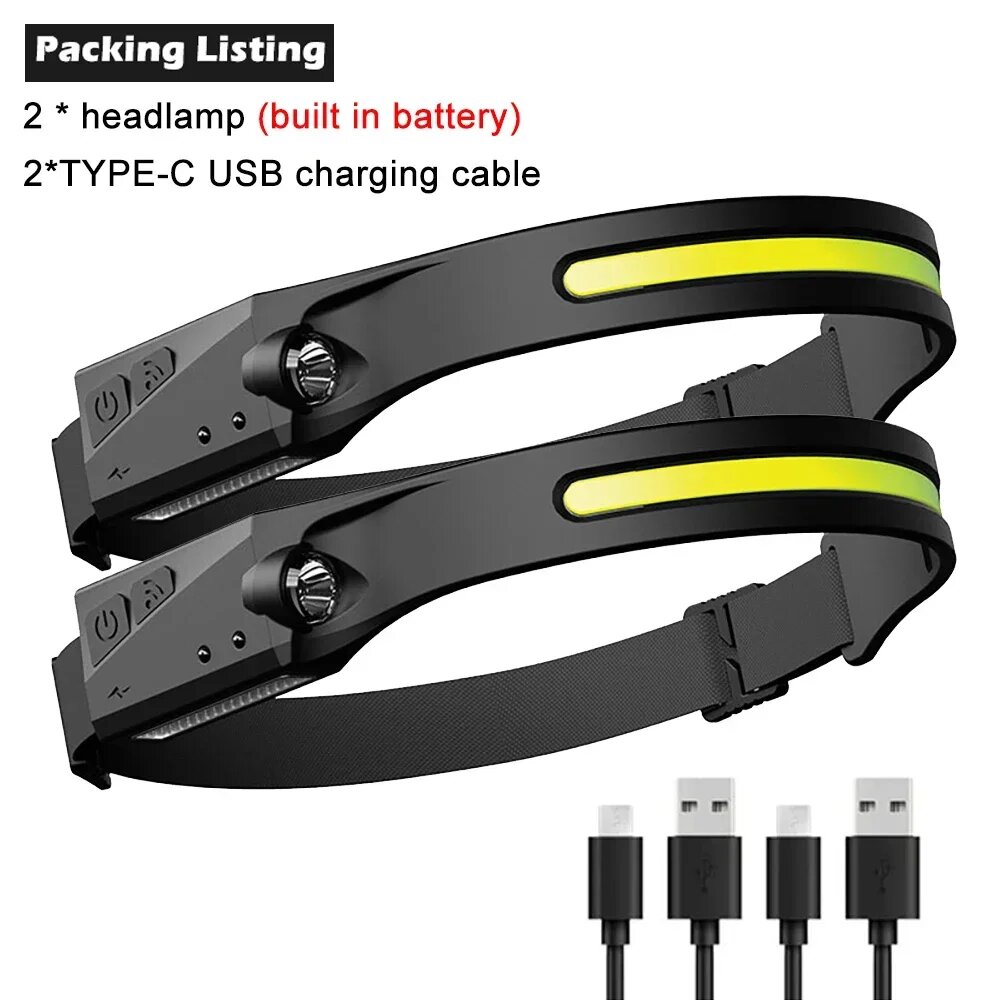 Налобный фонарь LED с аккумулятором, 2 шт, желтый свет