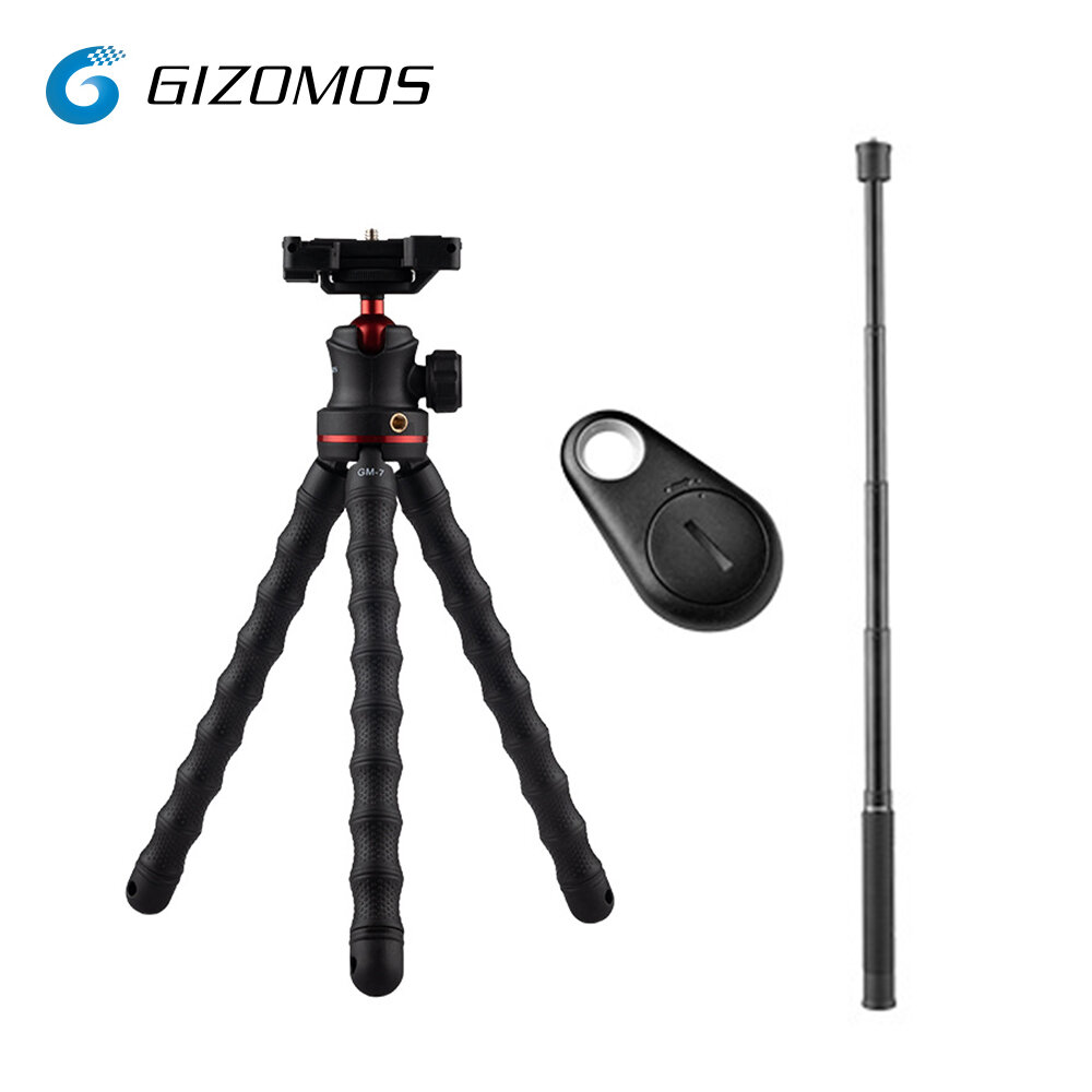 GIZOMOS GM-7 Подставка-Трипод Осьминог Гибкий Мини Портативный С Бал/Клипом Для Телефона/Рods Длиной 29см/Удалённым Управлением BT Для Смартфонов/Планшетов/SLR DSLR ILDC Камер/DC/Спортивных Камер, Черный, Материал ABS+Алюминиевый сплав, Максимальная