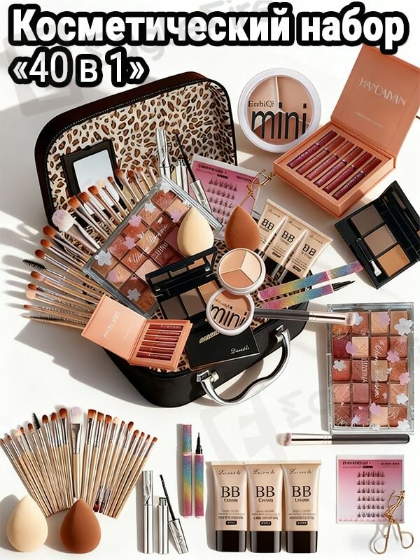 Набор косметики 40 в 1 с косметичкой, кистями, палеткой теней, блесками для губ и тональной основой для макияжа полный макияж