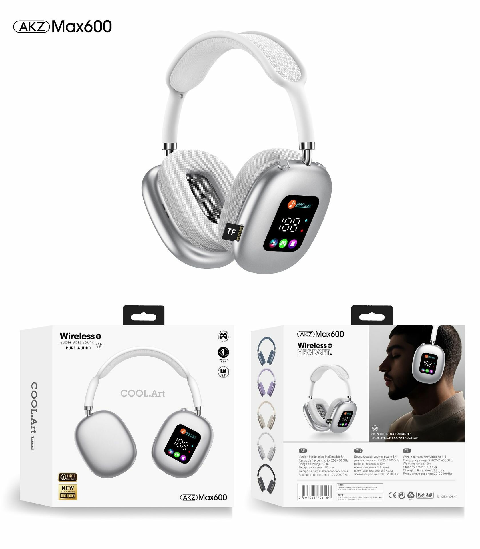 Беспроводные наушники AKZ Max600, накладные Bluetooth гарнитура с дисплеем, RGB подсветка, поддержка карты памяти TF, пластик, серебристый,1