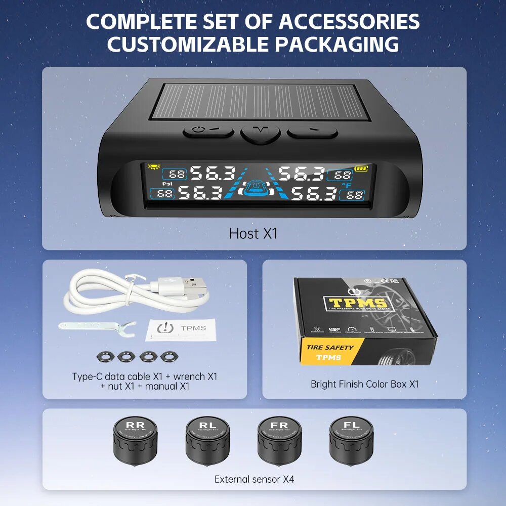 Система Контроля Давления В Шинах (TPMS) С Мониторингом Температуры, 4 Внешних Датчика, Цифровой ЖК-дисплей