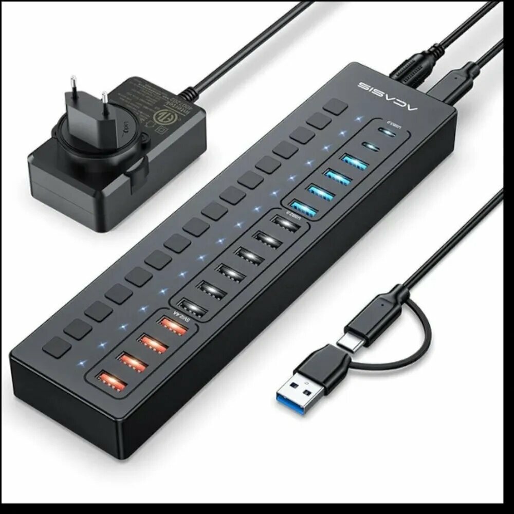 Хаб 16-портовый Acasis DS-516PB мощностью 60 Вт, 2x Type-C 3.0, 4x USB-A 3.0 и 6 портов USB 2.0, питание 12 В / 4А