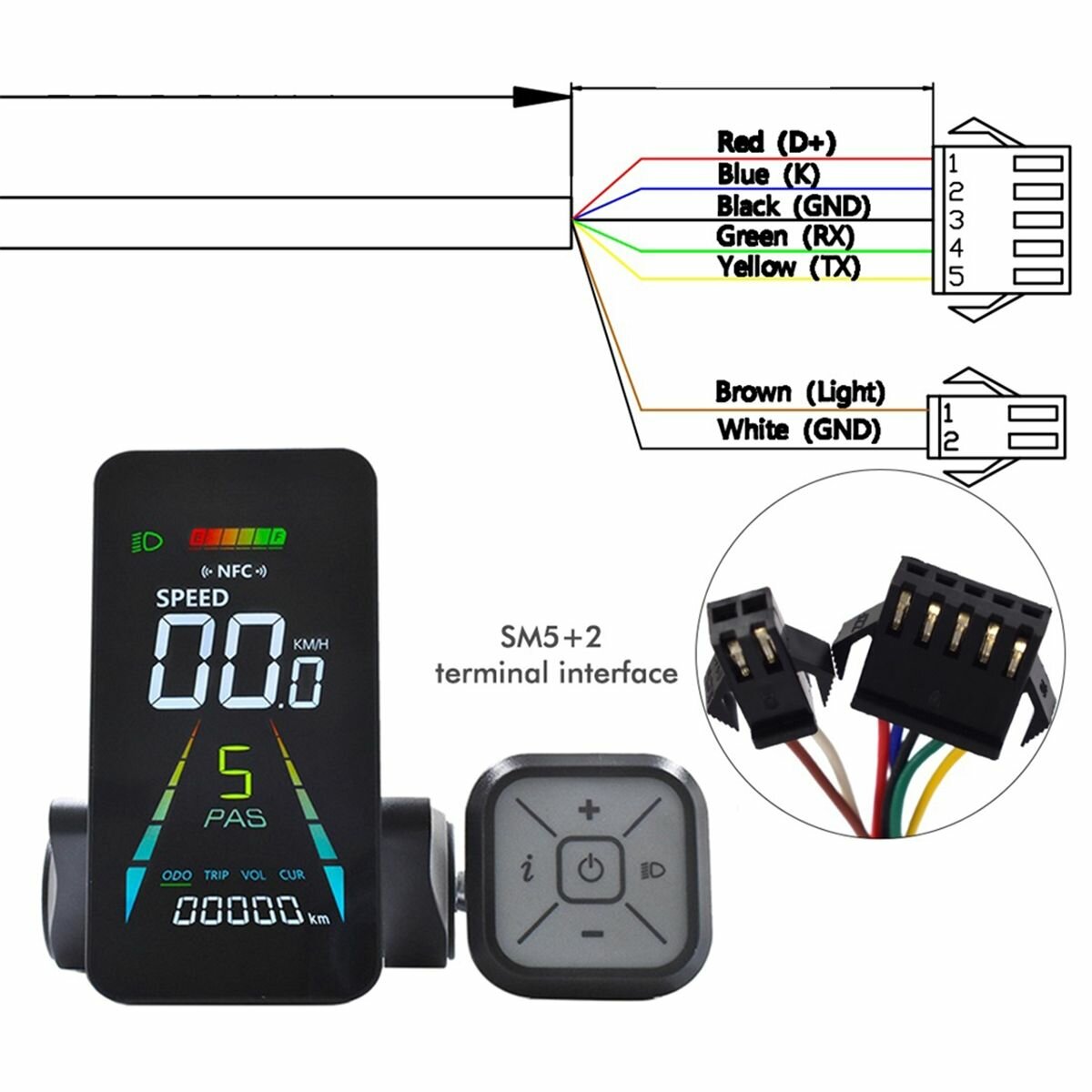 ЖК-дисплей для электровелосипеда NFC 24 В/60 В UART SM5+2PIN