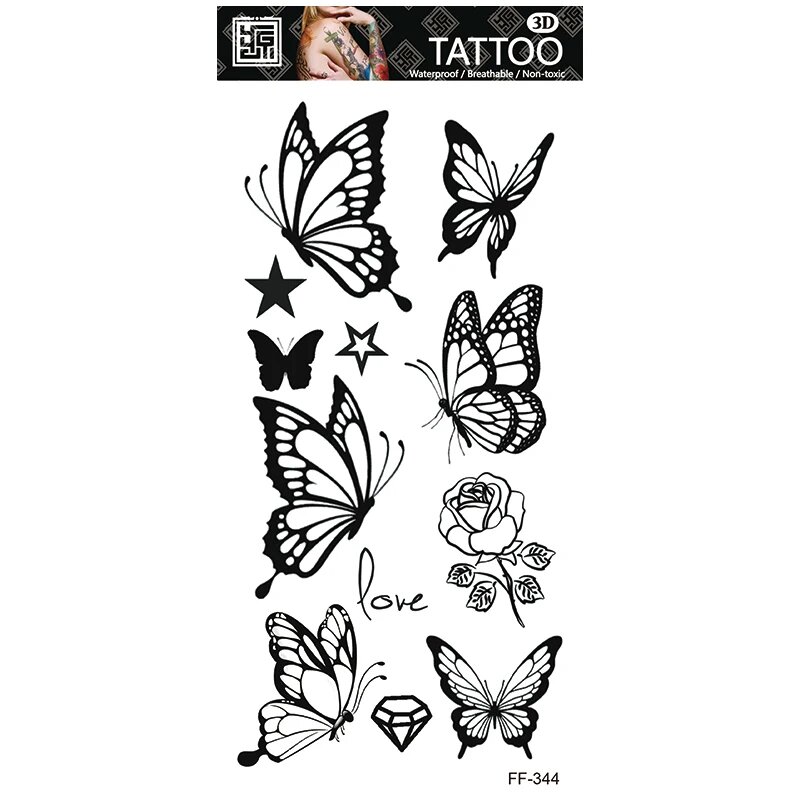 Красочная бабочка, водонепроницаемая временная татуировка, наклейка на половину руки, хипстер, черный цветок, красота, перенос, моющийся тотем 29-QFF-344