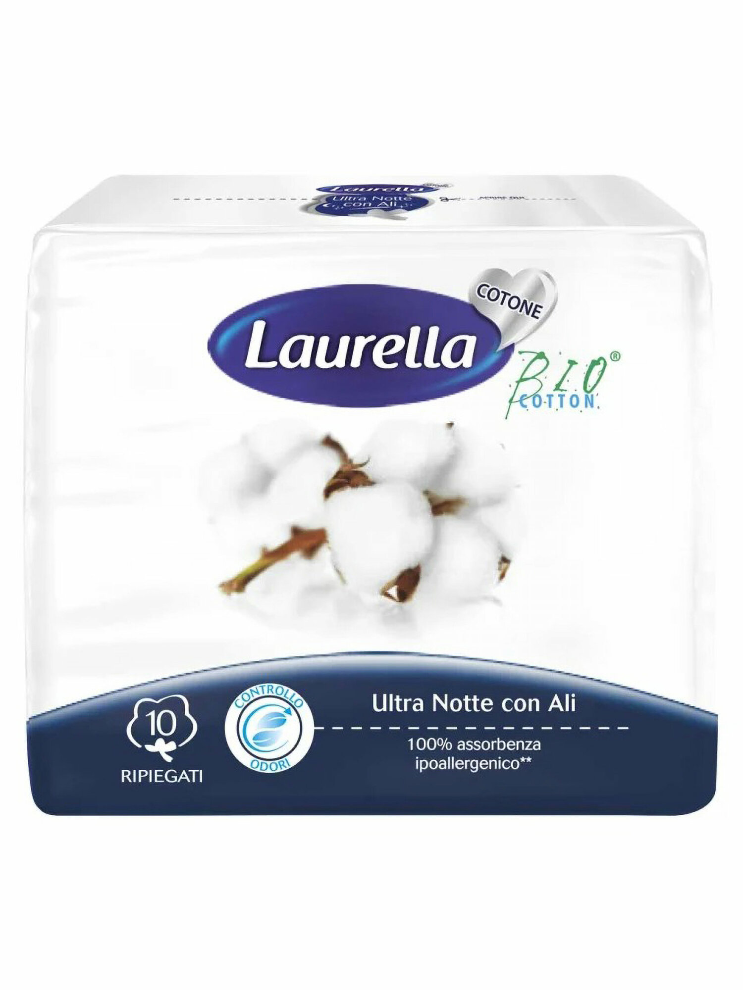 Ночные прокладки натуральные Laurella Ultra Night Bio Cotton хлопковые с крылышками, 10 шт