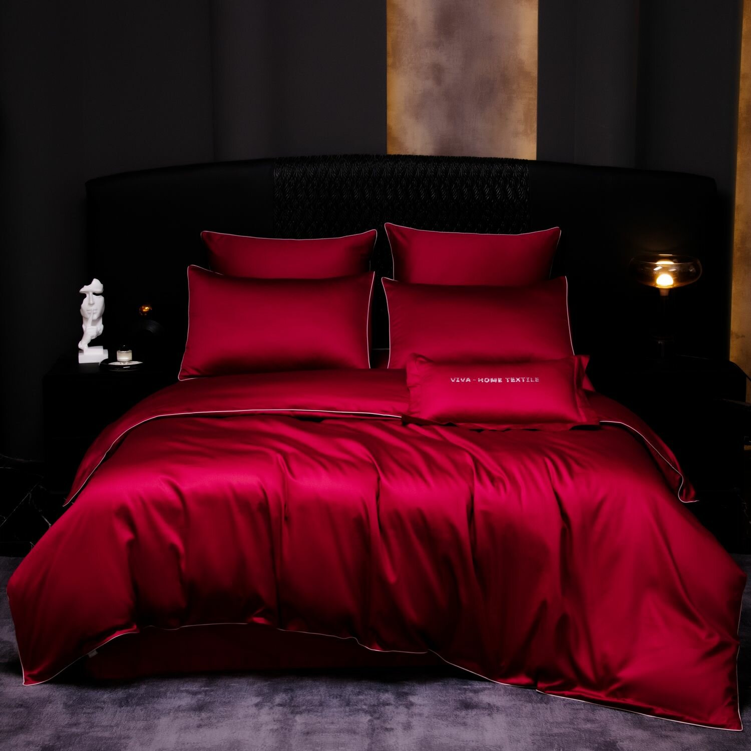 Постельное белье VIVA HOME TEXTILE Сатин-Люкс, двуспальный комплект, 6 предметов, красное