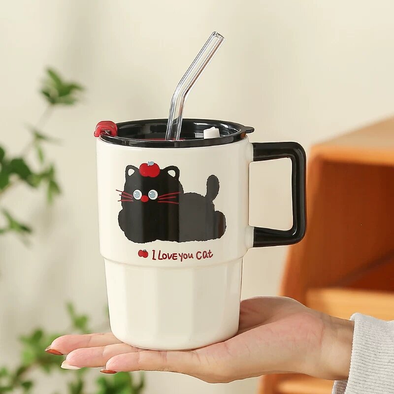 Соломенная чашка в стиле ретро с изображением кота, пара чашек для питья, керамическая кружка с крышкой, подарок на