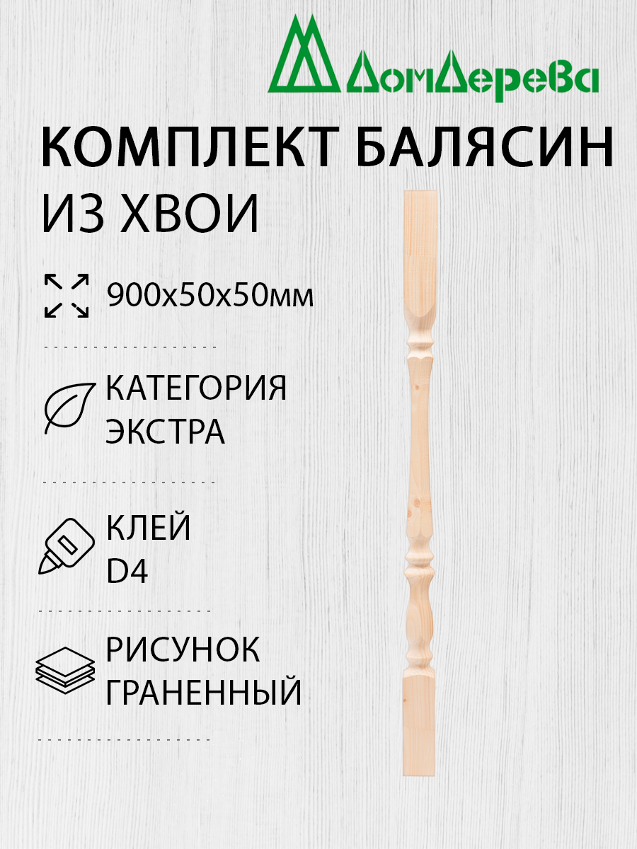 Балясина деревнная 900х50х50мм Сосна Экстра сращенная рисунок Граненая
