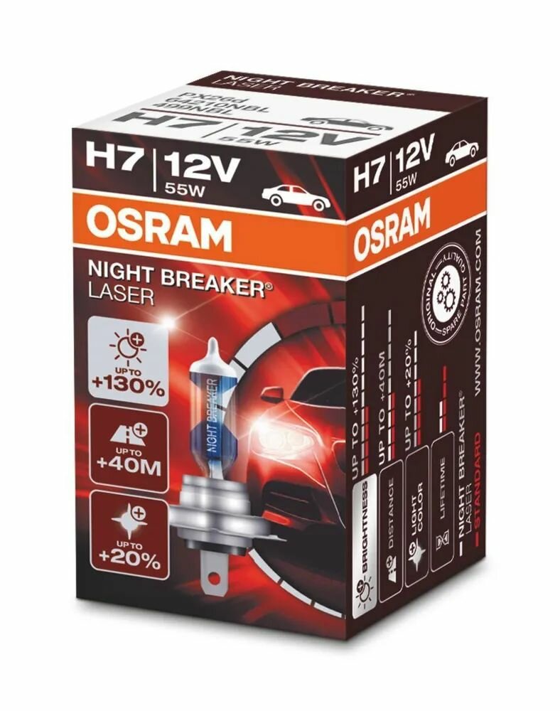 Лампы автомобильные галогеновые osram night breaker h7 +130% 12В для ближнего света