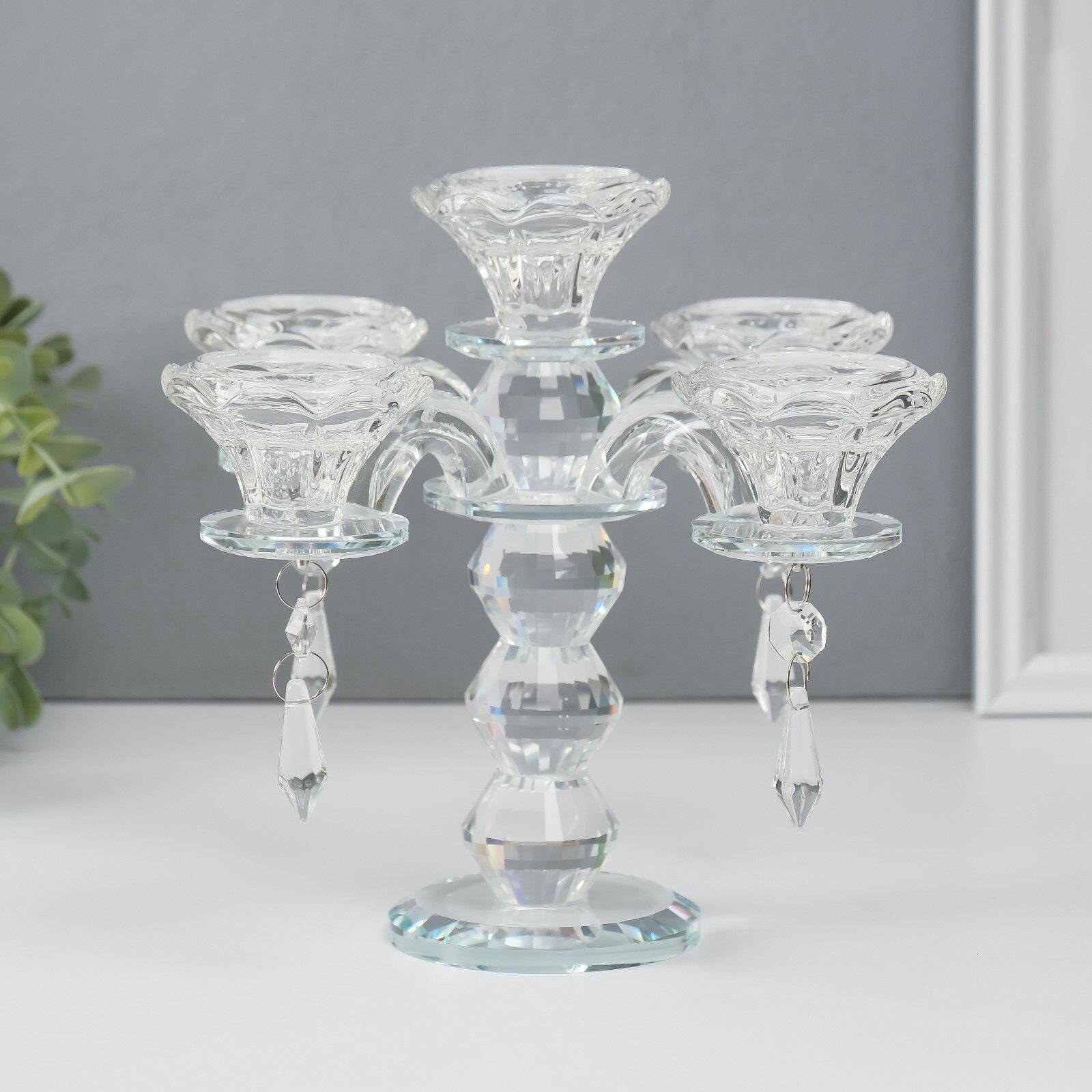 Стеклянный подсвечник на 5 свечей "Канделябр", 19x23x23 см, тематика праздника: универсальная тематика