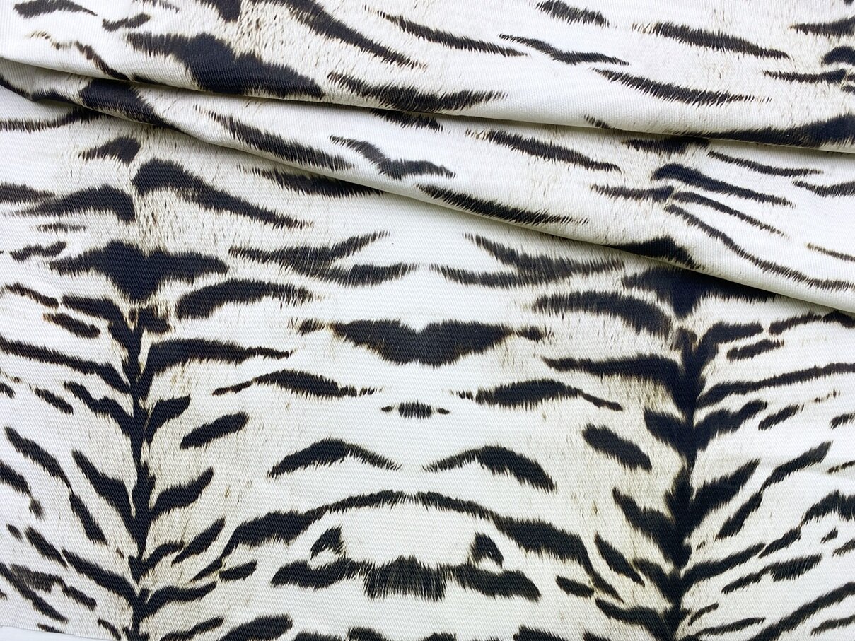 Ткань Джинса молочного цвета с тигриным принтом 12690