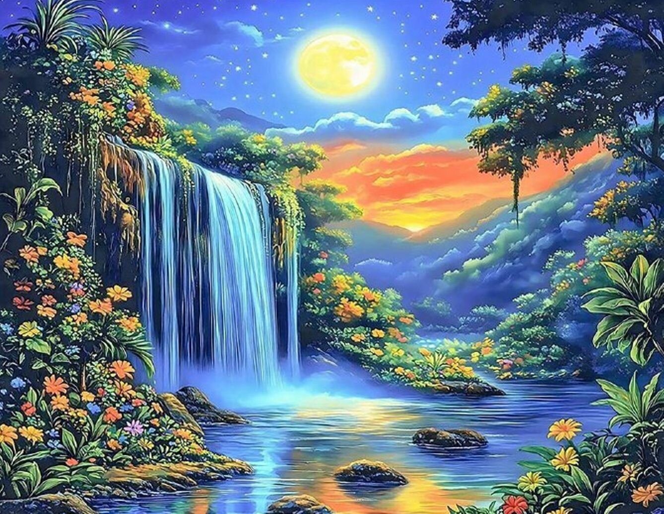 Алмазная мозаика на подрамнике 40*50 "Водопад и луна"