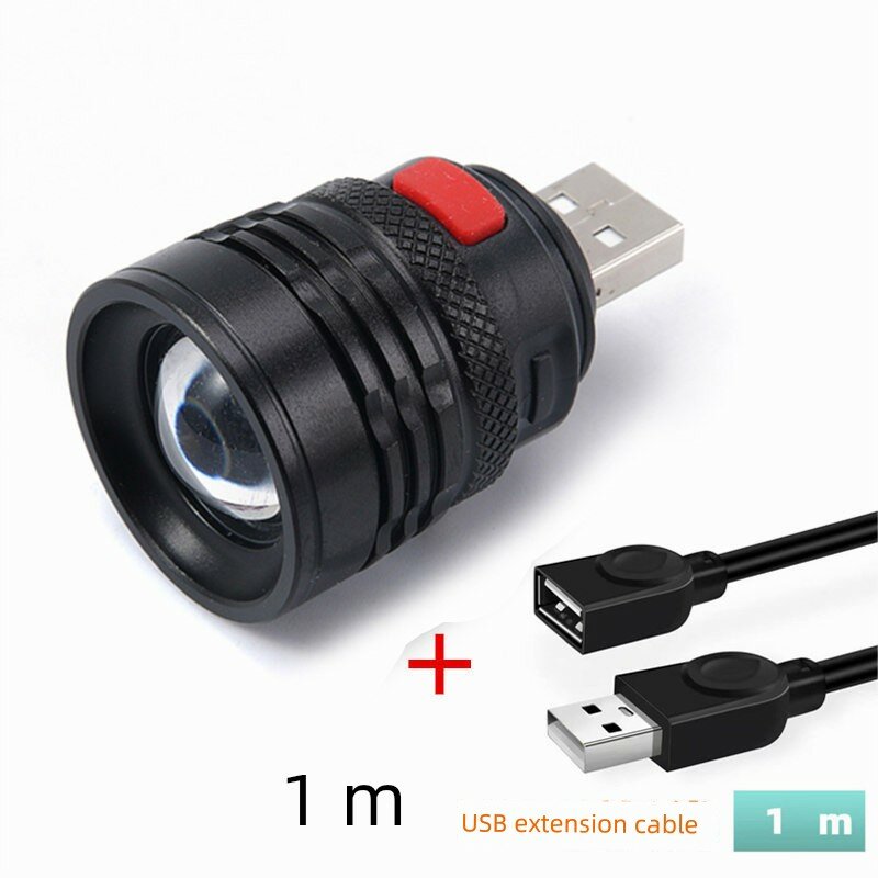 Черный USB фонарик с регулируемым фокусом, выключателем и 1-метровым удлинителем, работает от power bank