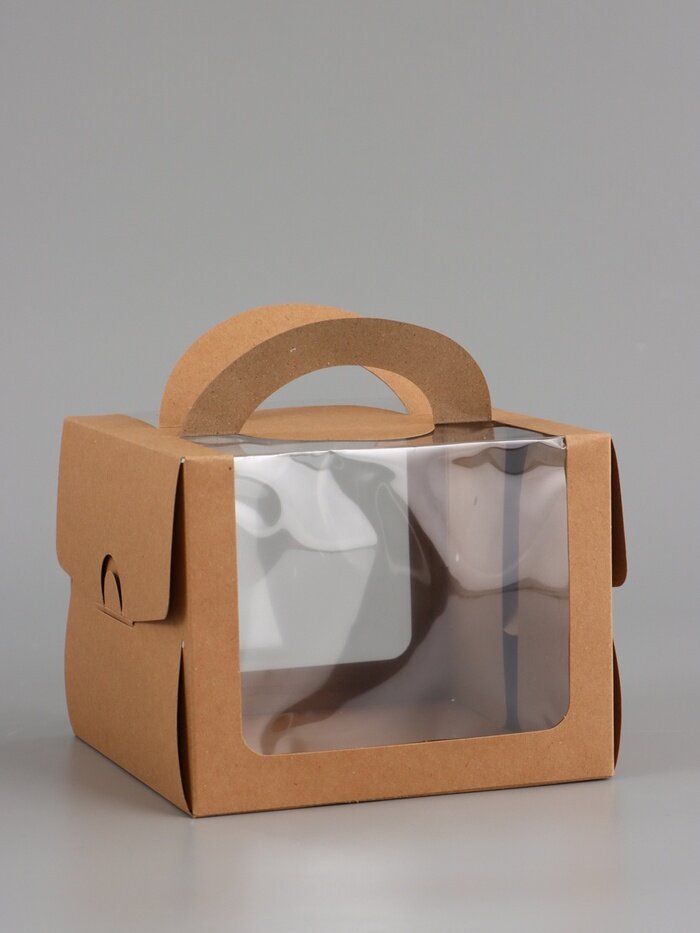 Коробка под бенто-торт с окном, крафт, 16×16×12.5 см