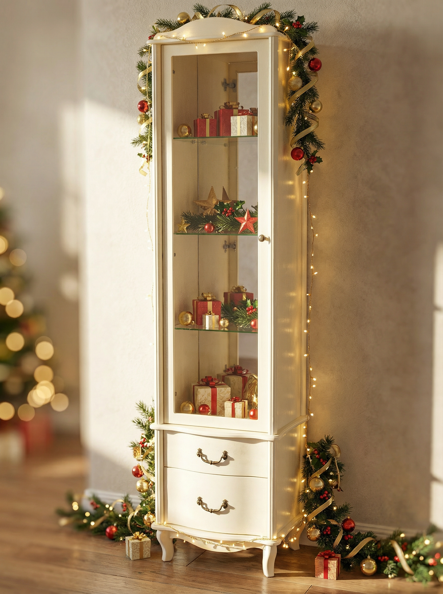 Шкаф-витрина IFERS Джульетта, с зеркалом, с полками и ящиками, цвет дуб шампань Л