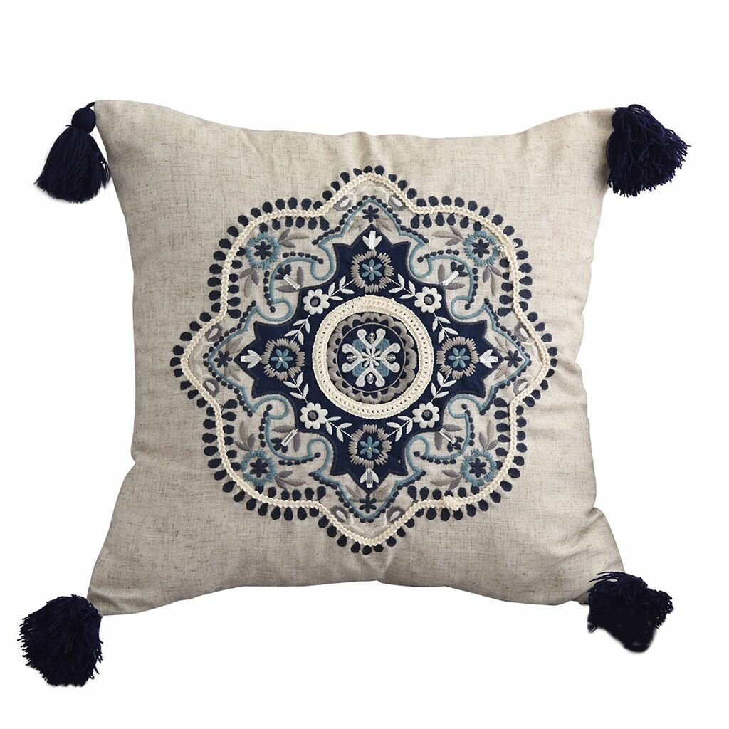 (1 штука) Чехол для диванной подушки с цветочной вышивкой и кисточками-1