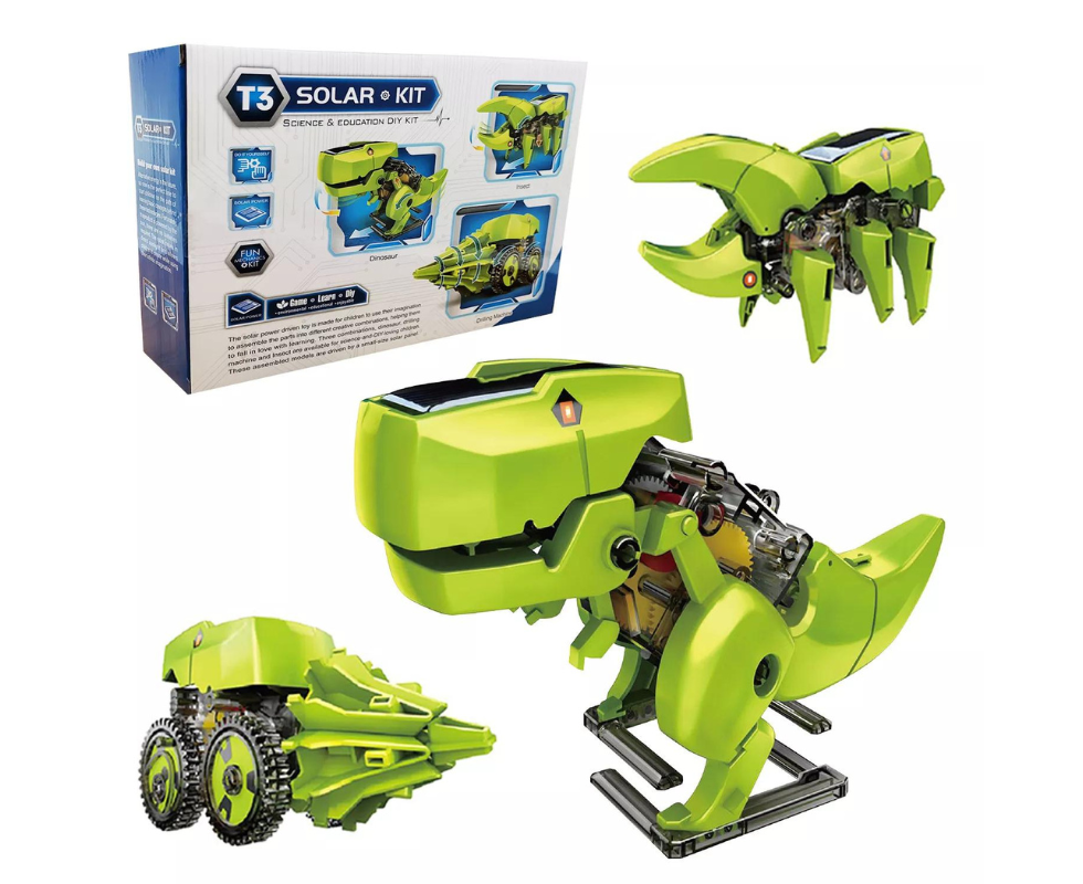Набор для сборки солнечной энергетической системы робота 3 в 1 для детей 8+ лет, материалы: пластик, цвета: зеленый, черный, размеры роботов: Т-рекс 13.5см x 5.3см x 8.1см, грузовик 10.9см x 4.8см x 5.3см, жук 13.7см x 7.4см x 8.1см, функция: STEM