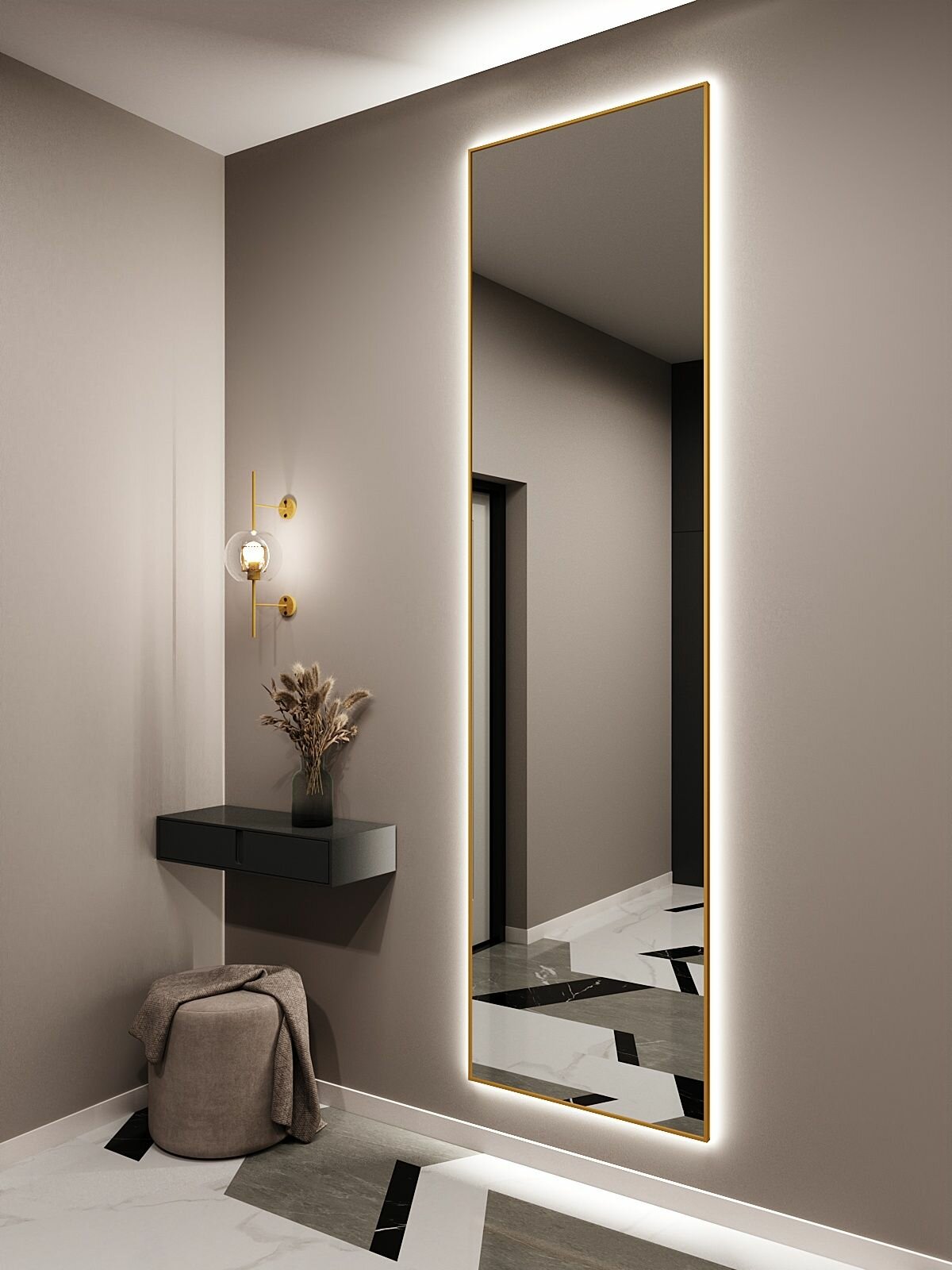 Зеркало настенное 240х70 см. золото с подсветкой. Свет: Холодный белый 6000К. В алюминиевой раме интерьерное BLX MIRROR