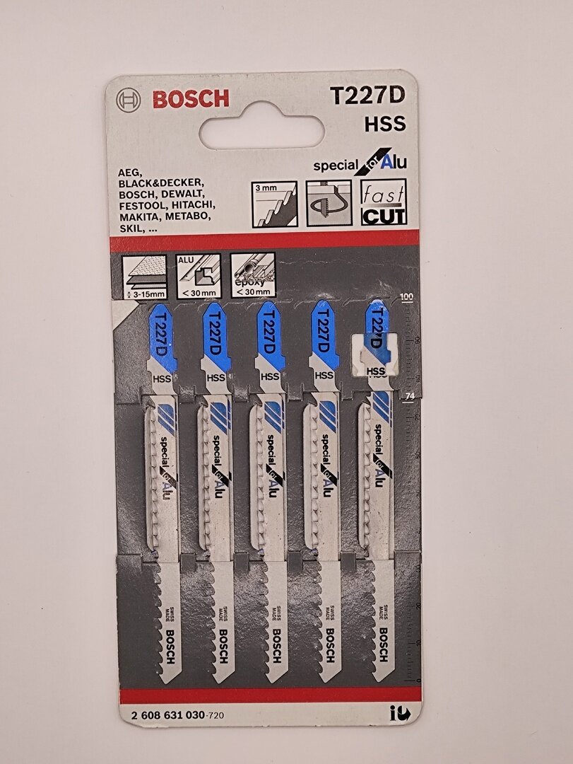 Пилки для лобзиков по металлу T227D HSS (Длина общая - 100мм, рабочая - 74мм) 5 штук Bosch 2608631030 Оригинал