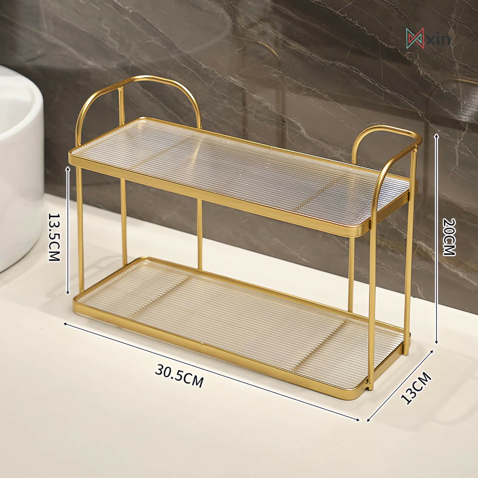 Двухслойная золотая полка 30,5×13×20 см (длина×ширина× высота между слоями 13,5 см)