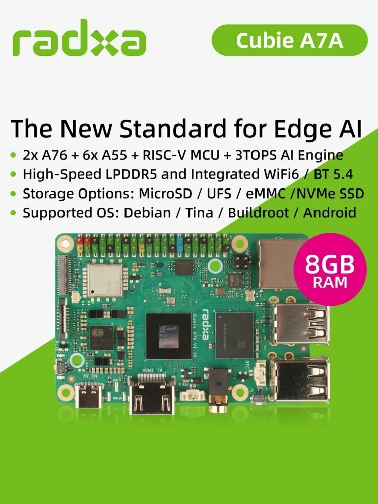 Radxa Cubie A7A 8GB Ram Allwinner Octa-core SOC 3TOPS Edge Al, High-Speed LPDDR5 плата