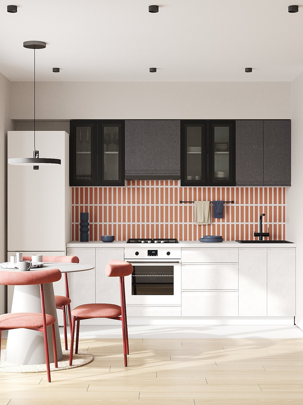 Кухонный гарнитур Велюр 240 см, мебель для дома и кухни, Белый / Бетон графит / Черный, стекло / Бетон снежный