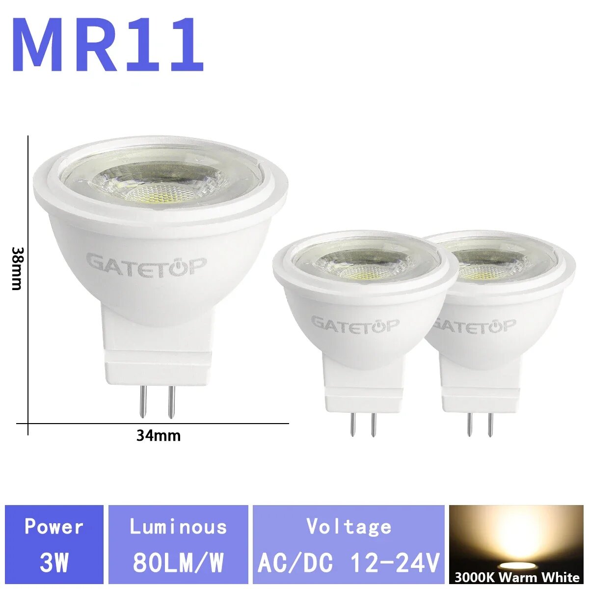 3 шт. Gatetop MR11 LED 3Вт 12-24В, 3000K, Белый