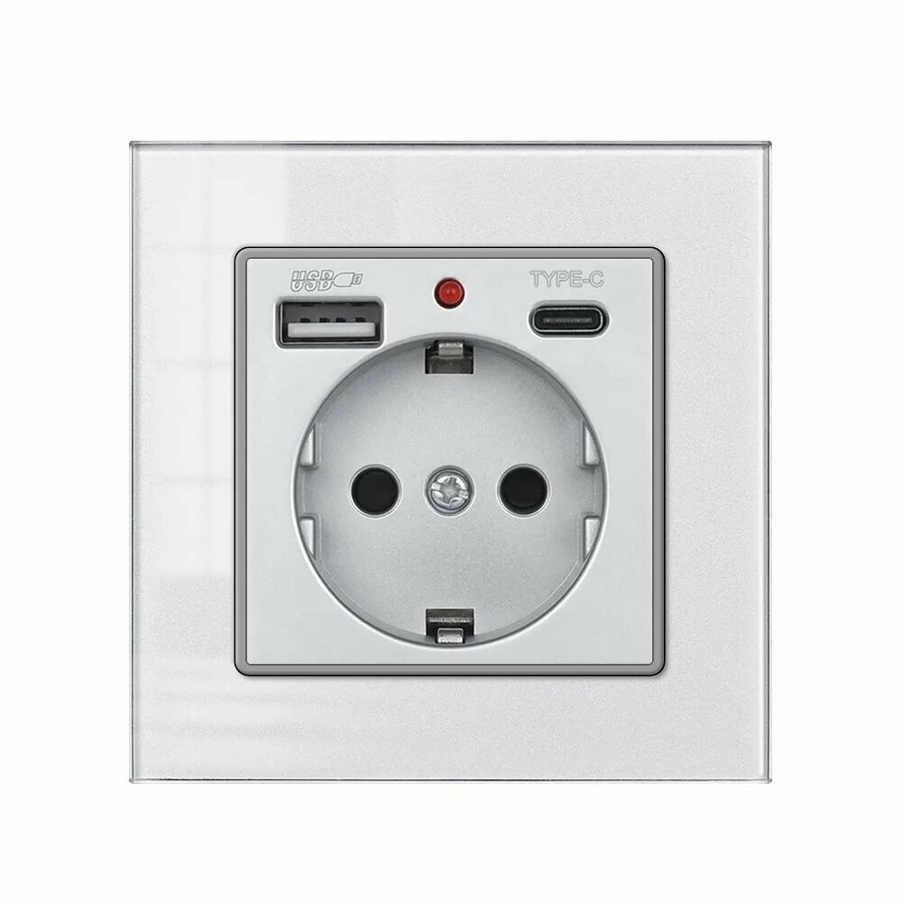 Розетка серебряная тройная с usb электрическая 3 поста, с Usb/Type-C АC, рамка 224х82мм стекло