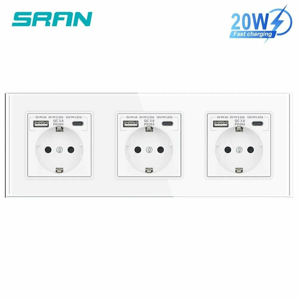 Розетка электрическая тройная с USB и type-C входами, быстрая зарядка 20W, рамка закаленное стекло Белая