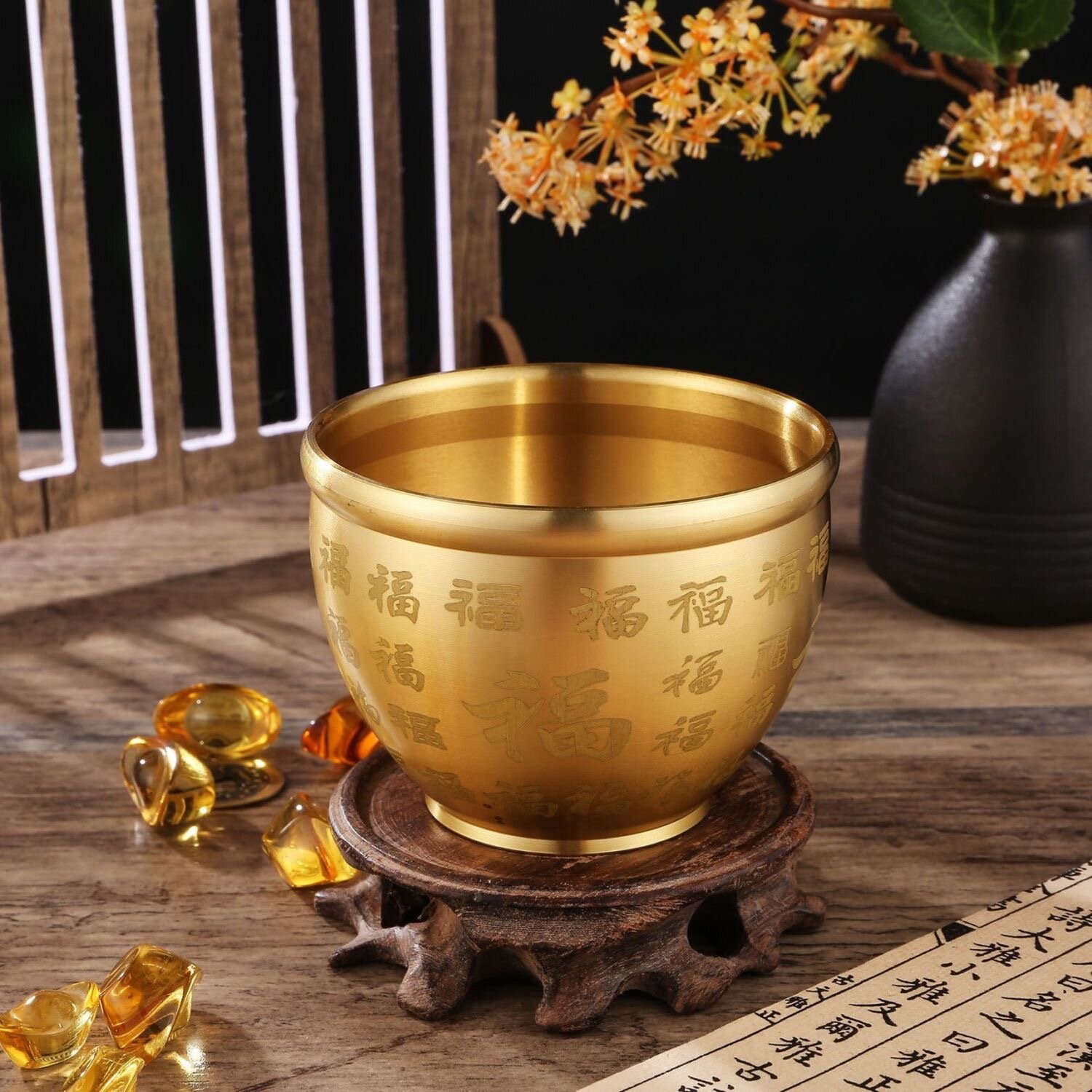 Чаша из чистого латуни для привлечения удачи, настольное украшение для чайного стола, маленькая медная чаша для привлечения удачи