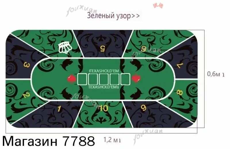 Зеленое сукно универсального размера для игры в покер большой компанией 120х60 см, свернуто в рулон в водонепроницаемой сумке