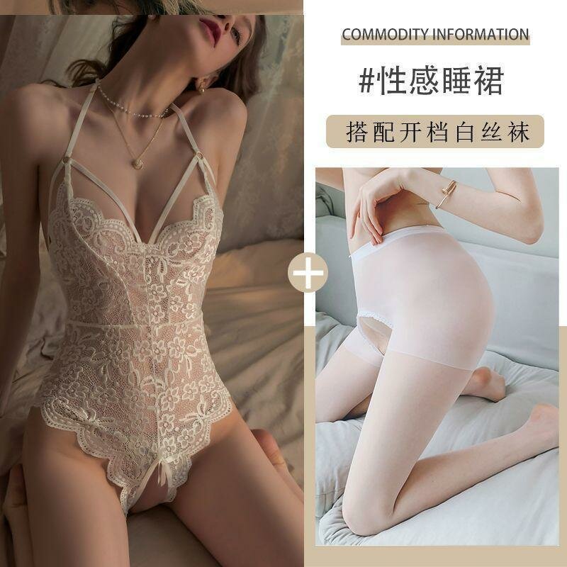 Сексуальное нижнее белье, соблазнительная ночная рубашка, больших размеров, без раздевания, страстный кружевной боди. Белый боди с открытой промежностью и белыми носочками.