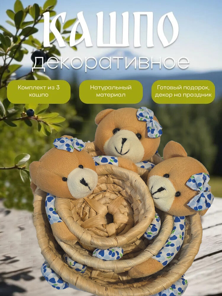 Набор декоративных корзинок из натуральных материалов (3 шт) стильное интерьерное кашпо светлые Мишки в голубом для декора, хранения и фотозон