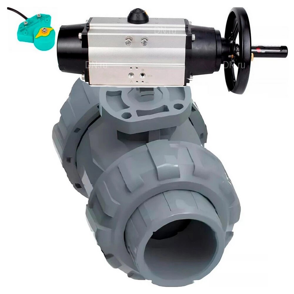Кран шаровой DN.ru НПВХ-НПВХ-E-FP-GRM-ISO Дн15 Ру10 полнопроходной, корпус - НПВХ, шар - НПВХ, уплотнение - EPDM, с пневмоприводом DA-105-1 и магнитным переключателем МППП-200