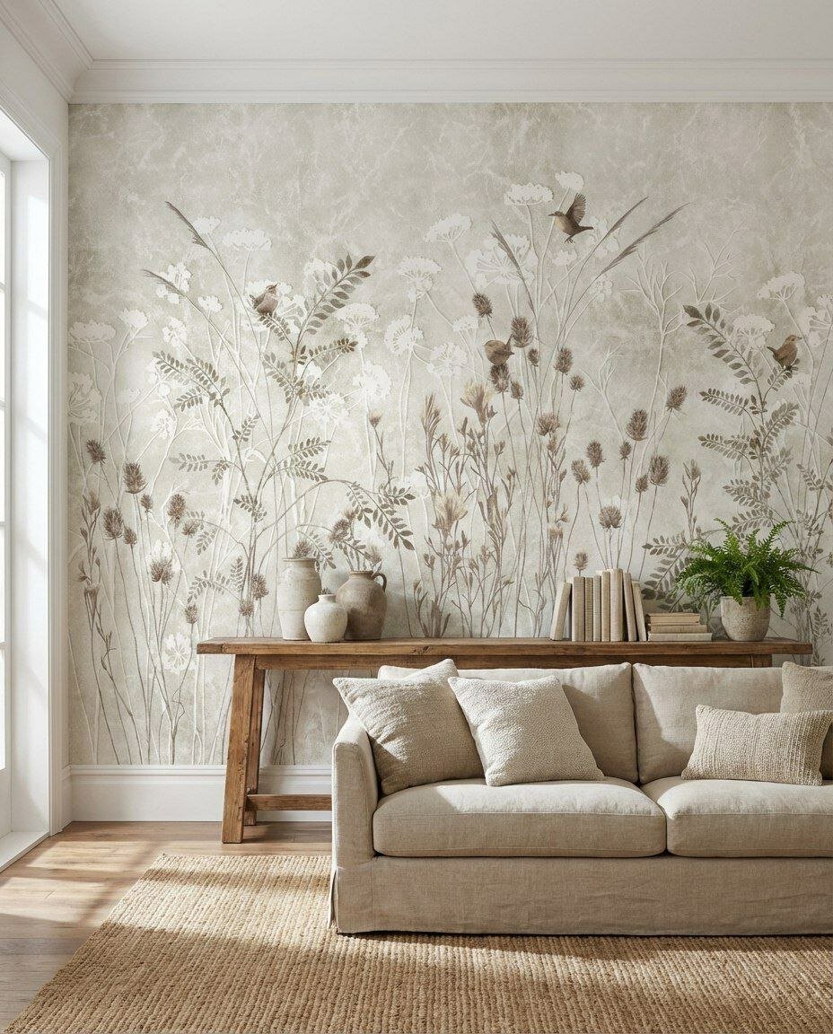 Обои бесшовные "Птички крапивники" бежевый теплый №1 (ширина 3100мм х длина 2000мм)