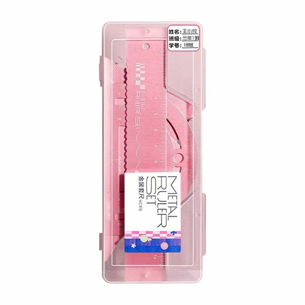 Металлическая линейка для черчения с угольником, транспортиром и чехлом, Розовый