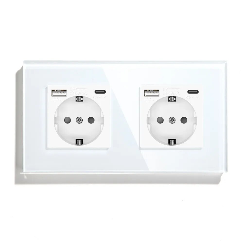 Розетка электрическая двойная с USB и type-C входами, в стандартный подрозетник, рамка закаленное стекло ,2шт