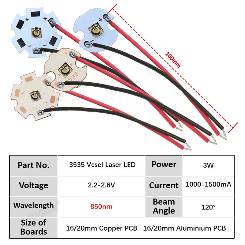 Лазерный светодиод OTdiode 3Вт 5Вт 3535 ИК 3W 850nm-10cm Wire, On 20mm Copper Board