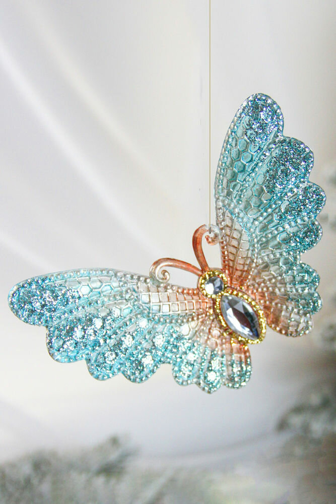 Ёлочная игрушка радужная бабочка миранда, пластик, бирюзовый, 11 см, Kurts Adler T3578-1