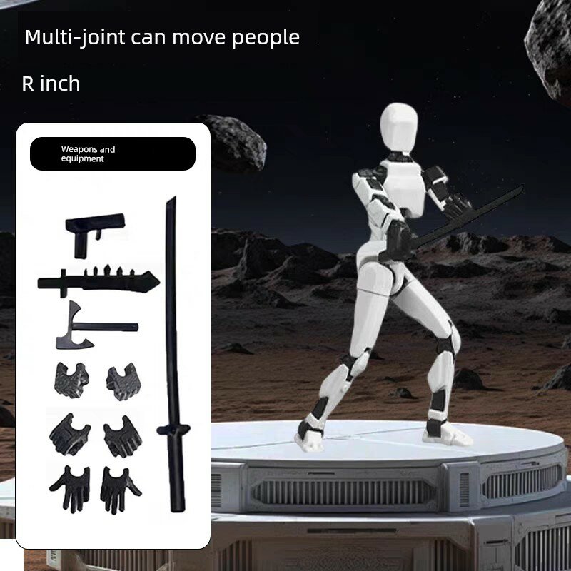 Белый-черный артикулированный набор робот-фигурок 3D-печати с 3 сменными руками и 4 оружием