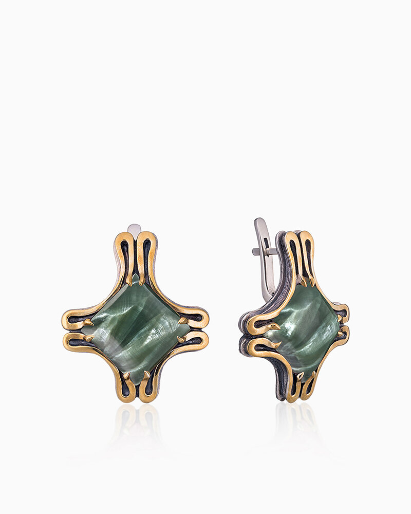Серьги SARKISSIAN, серебро, 925 проба, чернение, золочение, серафинит